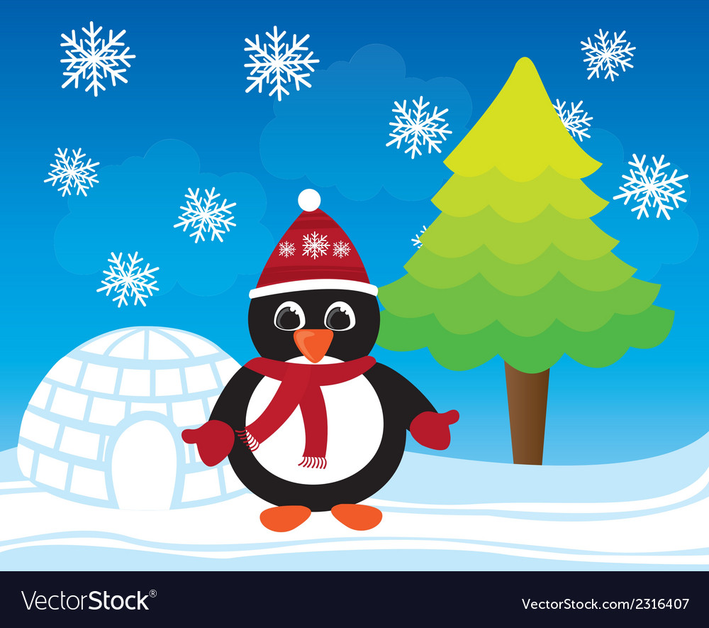 Cartoon penguin christmas winter landscape Vector Image