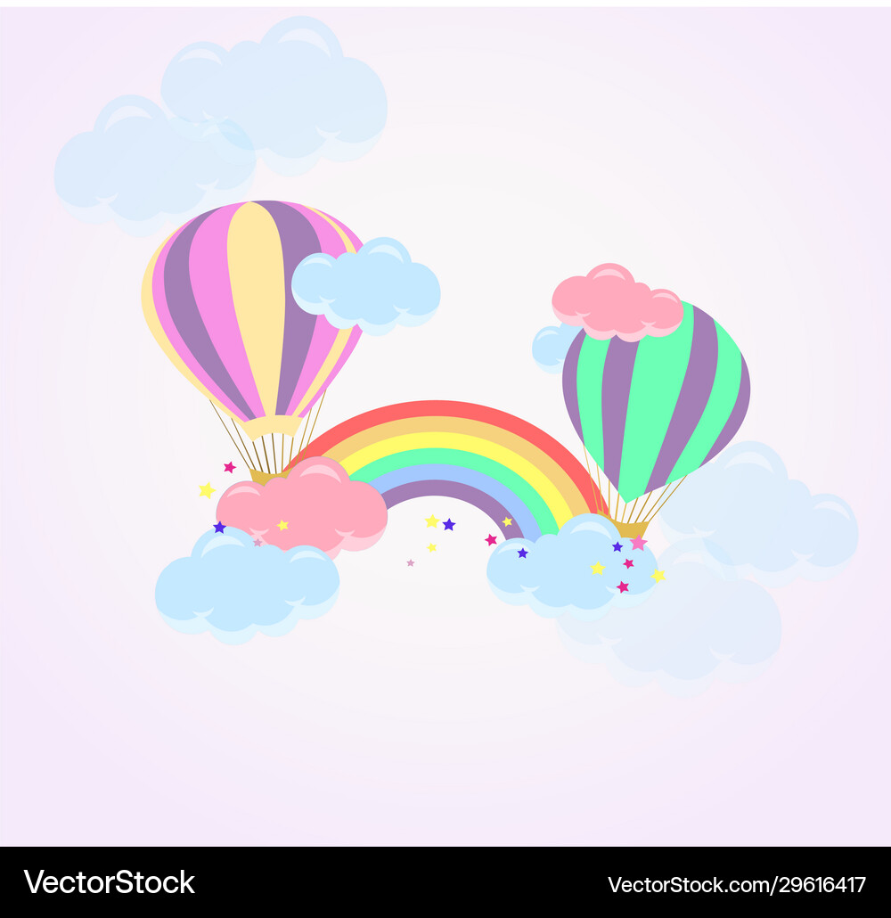 Bacard with balloons and a rainbow with clouds Vector Image