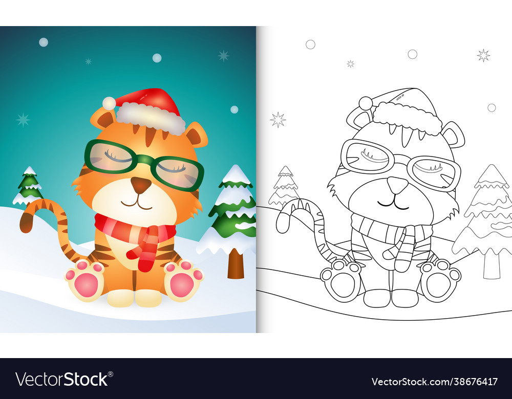 Coloring book with a cute tiger christmas Vector Image