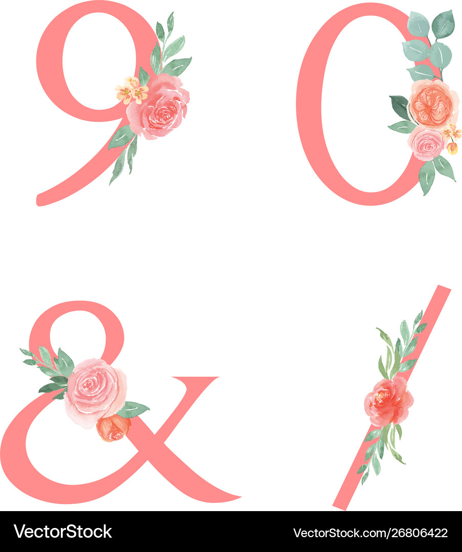 Pink alphabet florals setcollection peach Vector Image