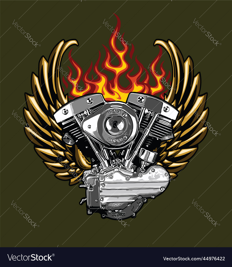 V Twin Engine With Golden Wings Royalty Free Vector Image
