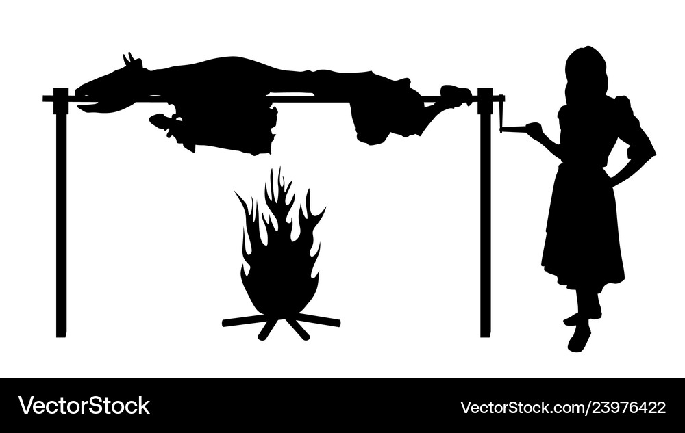 Woman roasting ox on spit Royalty Free Vector Image