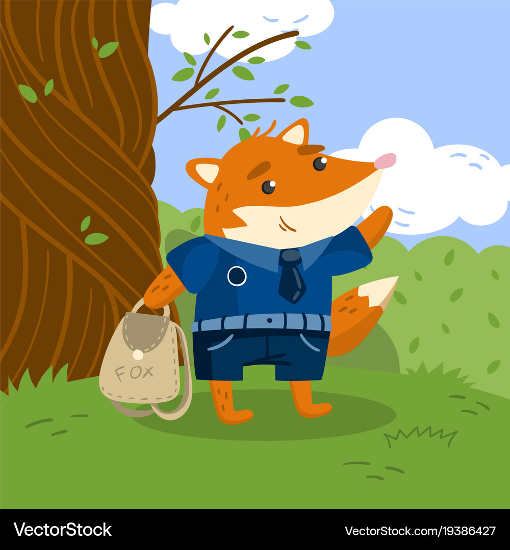 Cute little fox student in school uniform standing