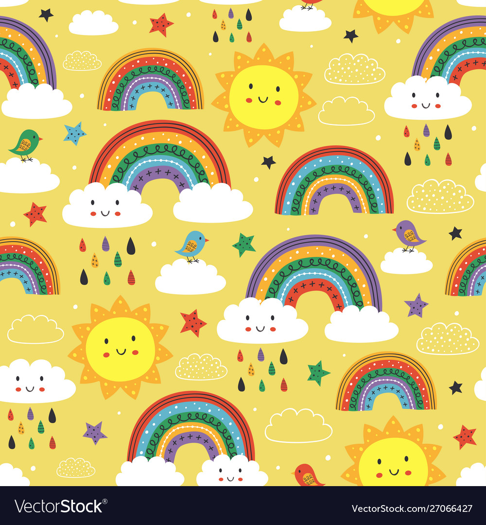 Seamless pattern with cute rainbow cloudsun Vector Image