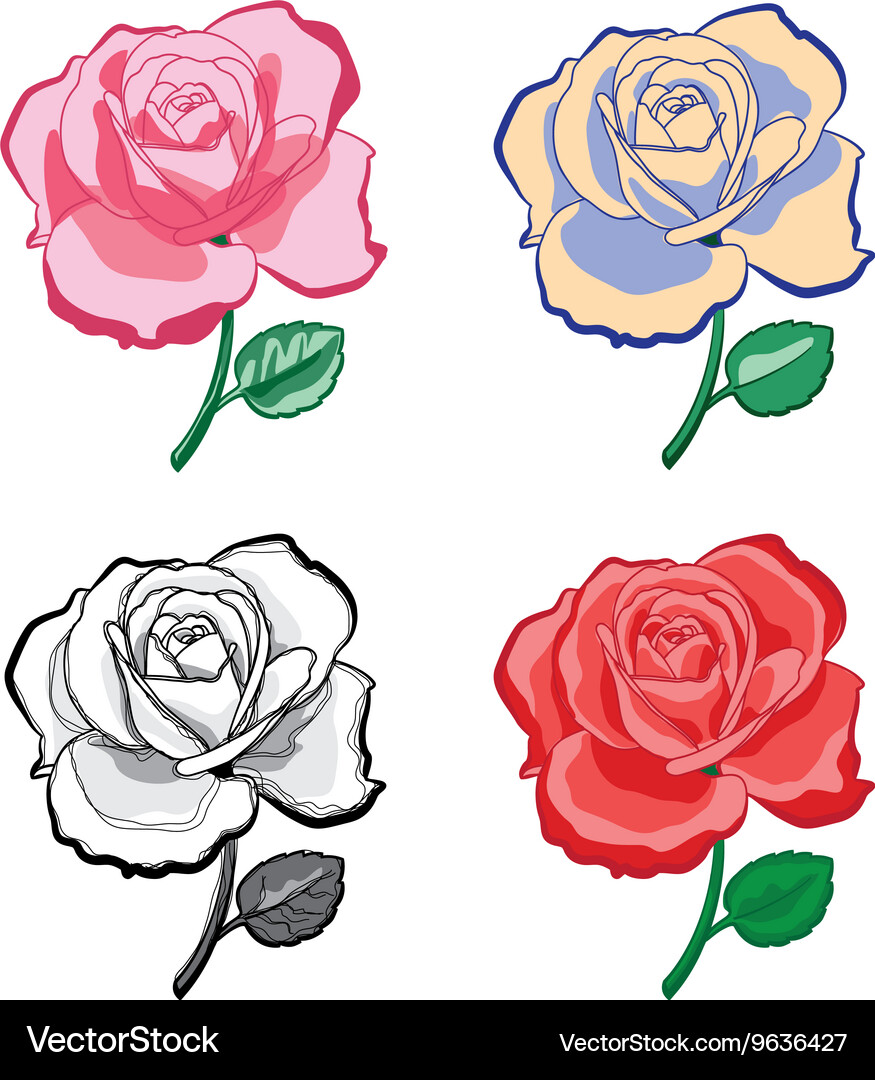 Set color artistic hand drawing roses Royalty Free Vector