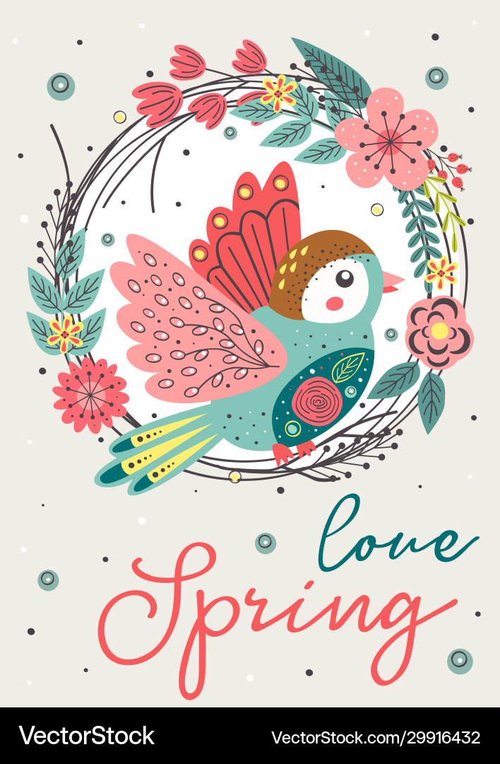 Spring card with beautiful bird in floral frame Vector Image