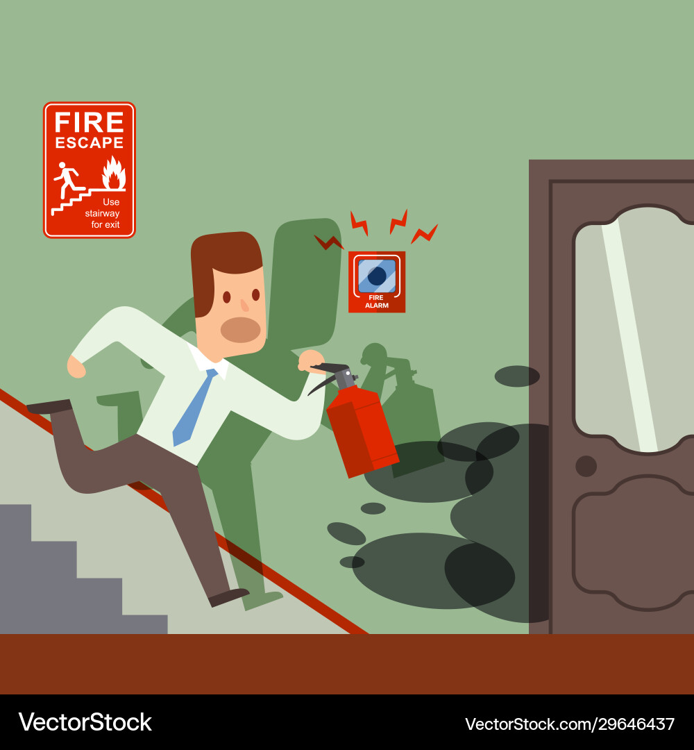 Fire in office man with extinguisher running to Vector Image