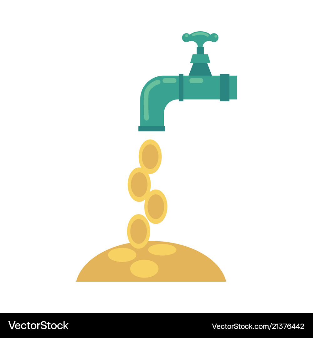 Flat water tap with golden coins falling Vector Image