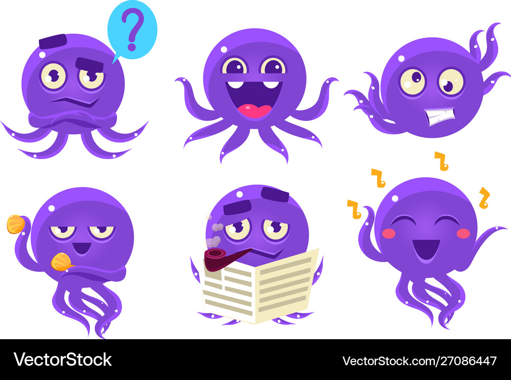 Cute glossy octopus character set funny sea Vector Image