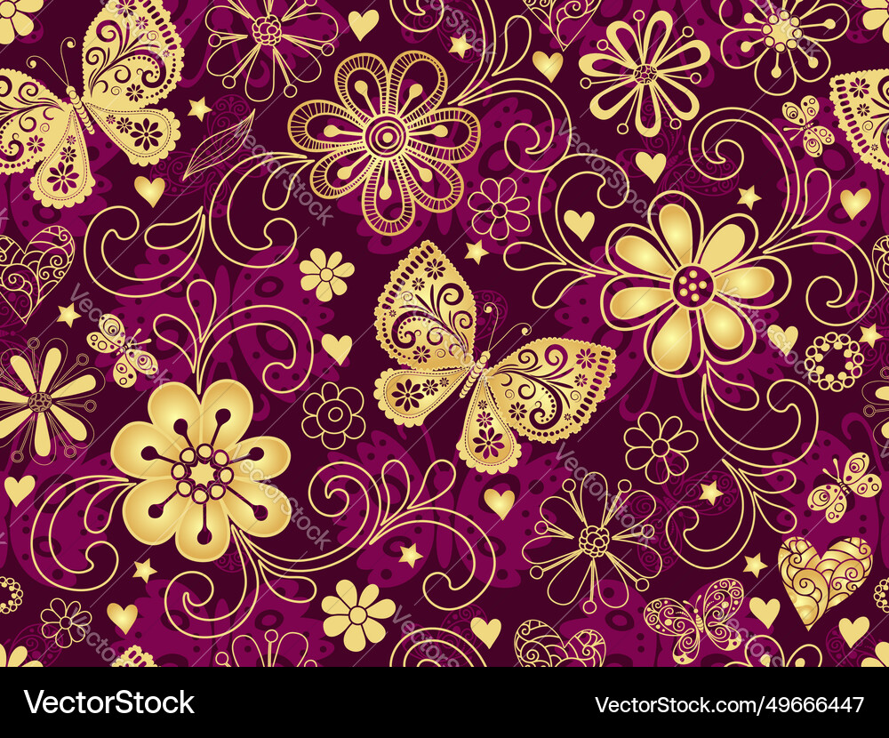 Valentines pattern with golden hearts and flowers Vector Image