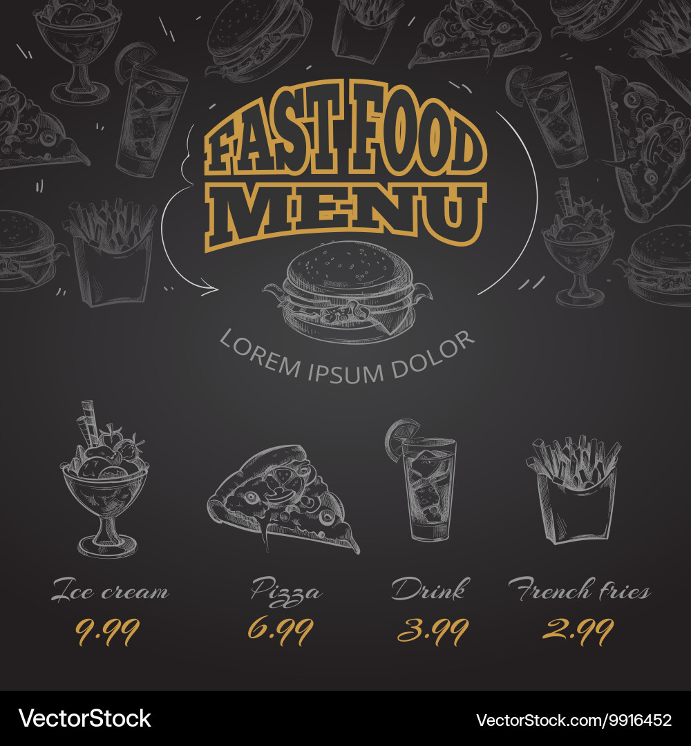 Chalkboard fast food menu in hand drawn style Vector Image