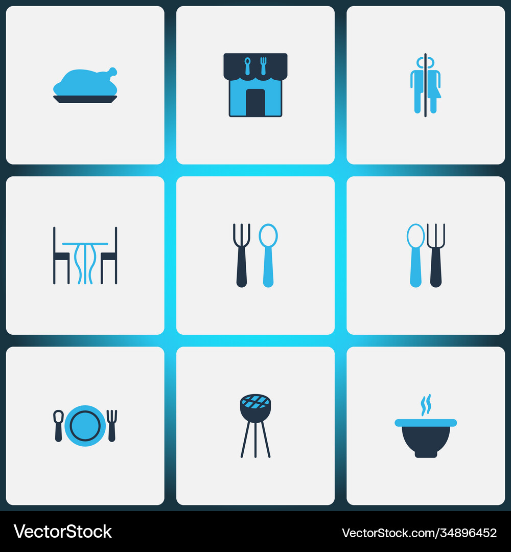 Restaurant icons colored set with chicken soup Vector Image