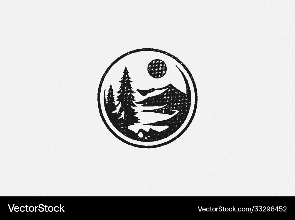 Round emblem with forest trees and mountain ridge Vector Image