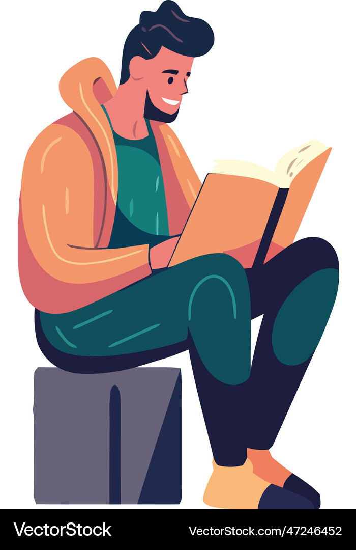 Smiling adult reading book on bench Royalty Free Vector