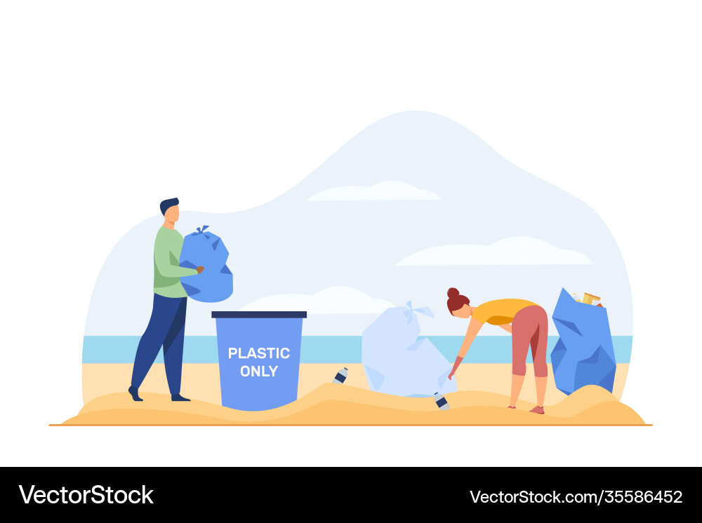 Young people cleaning beach from garbage Vector Image