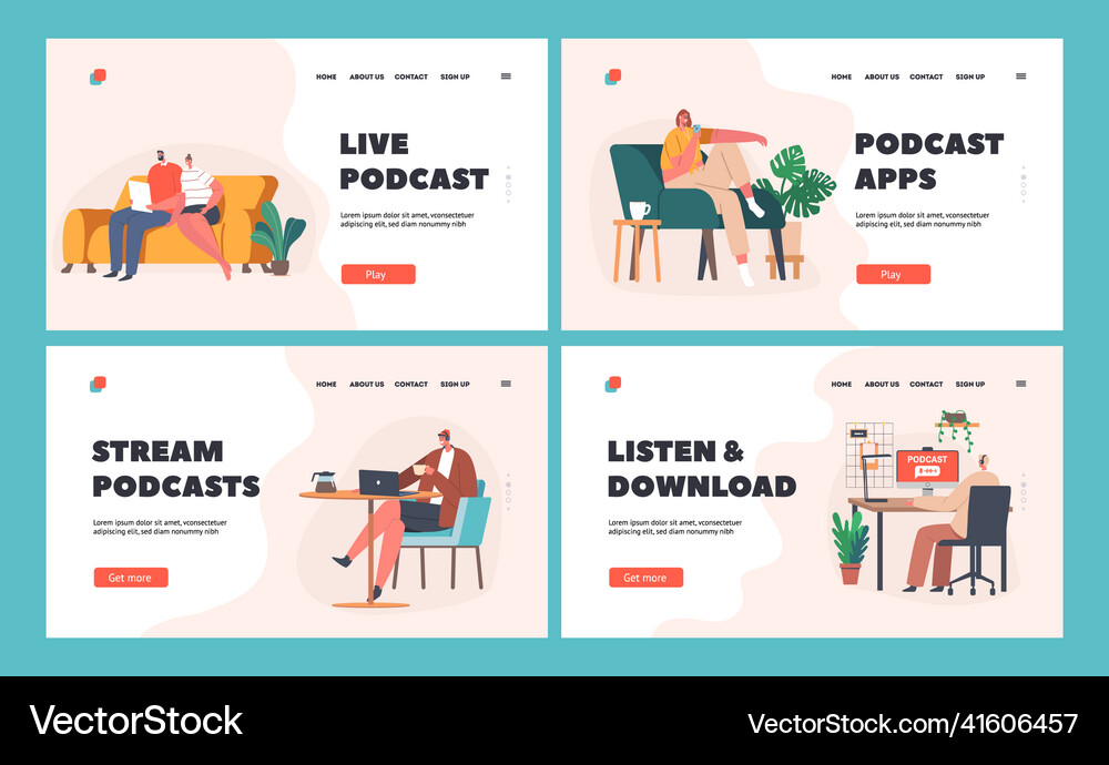 Characters listen podcast landing page template Vector Image