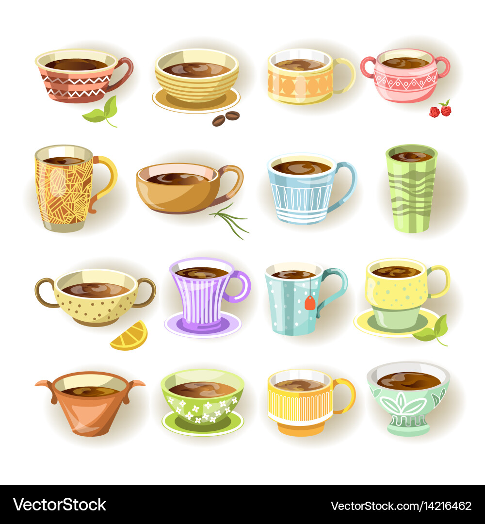 Cups with various colorful print set on white Vector Image