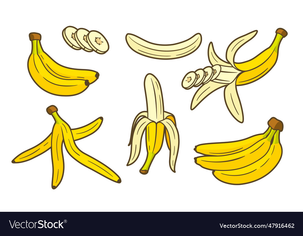 Set of yellow bananas flat isolated on white Vector Image