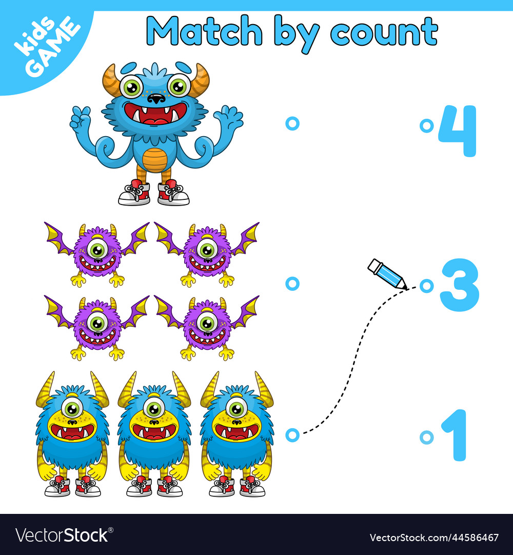 Match by count cartoon monsters-2 Royalty Free Vector Image