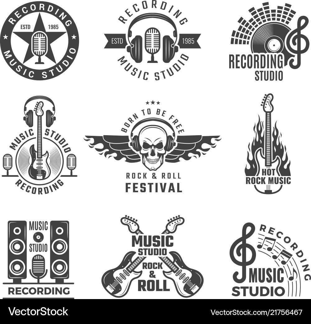 Music labels microphone big speaker drums and Vector Image