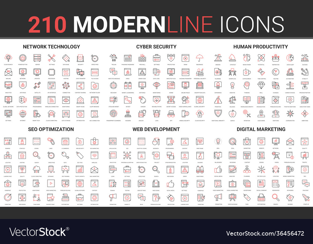 210 modern red black thin line icons set Vector Image