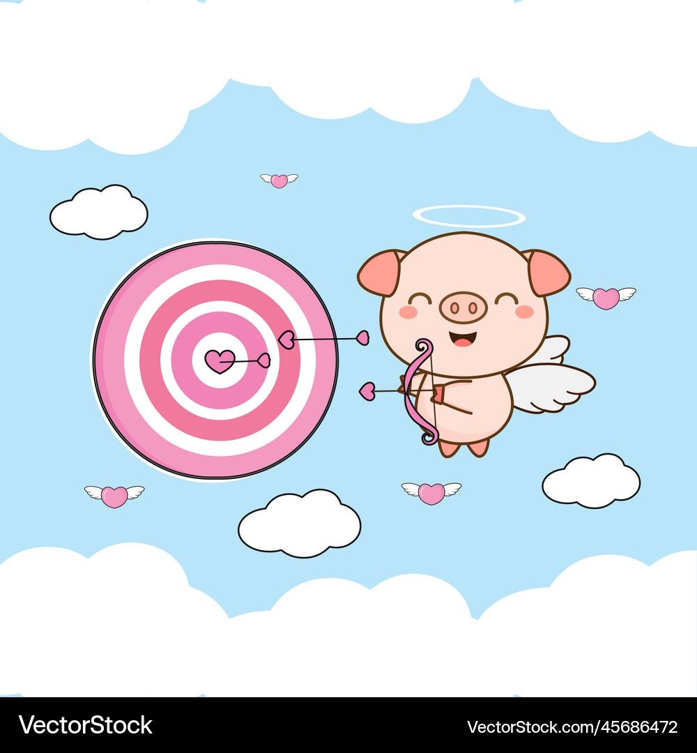 Cute pig cupid shoots an arrow at a target Vector Image
