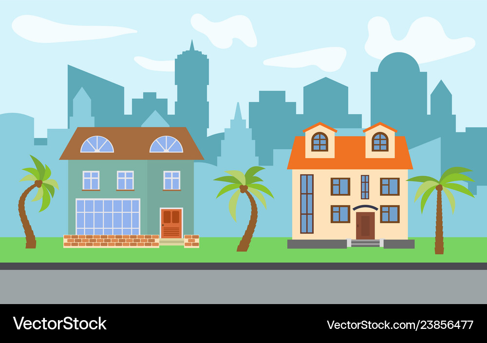 City with two two-story cartoon houses Royalty Free Vector