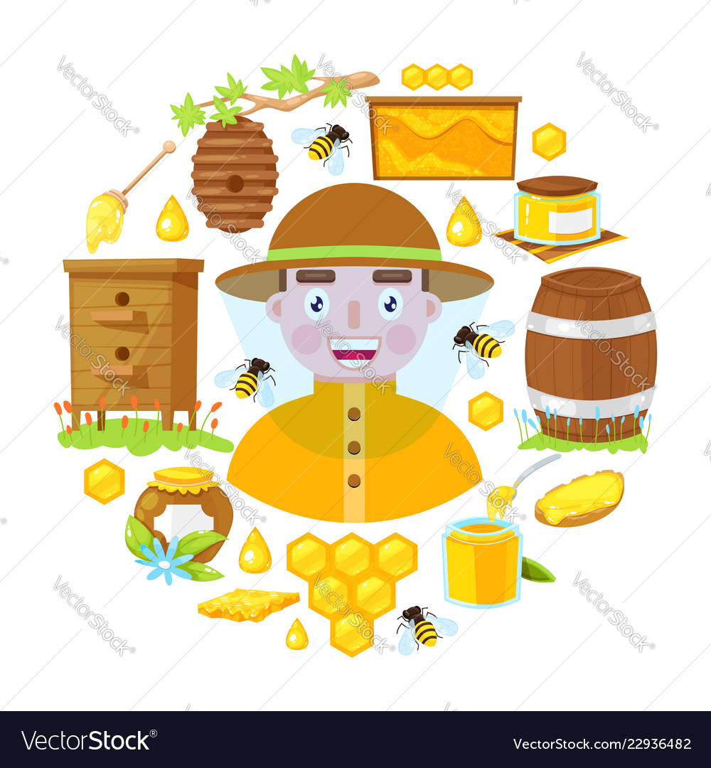 Beekeeper and objects beekeeping Royalty Free Vector Image