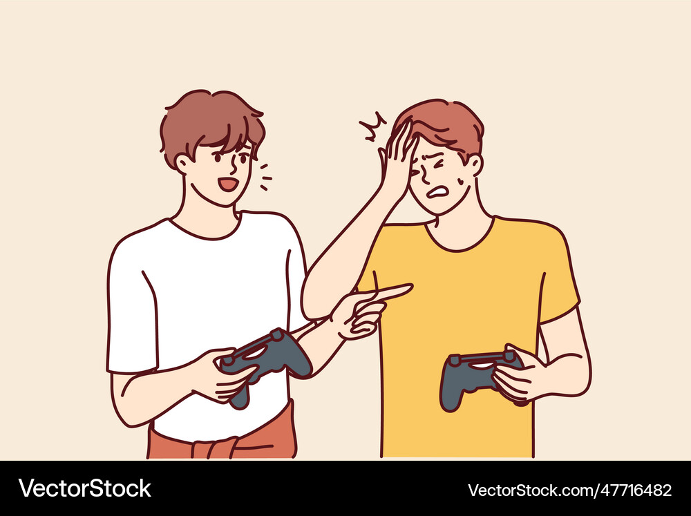 Men play video game and hold joysticks Royalty Free Vector