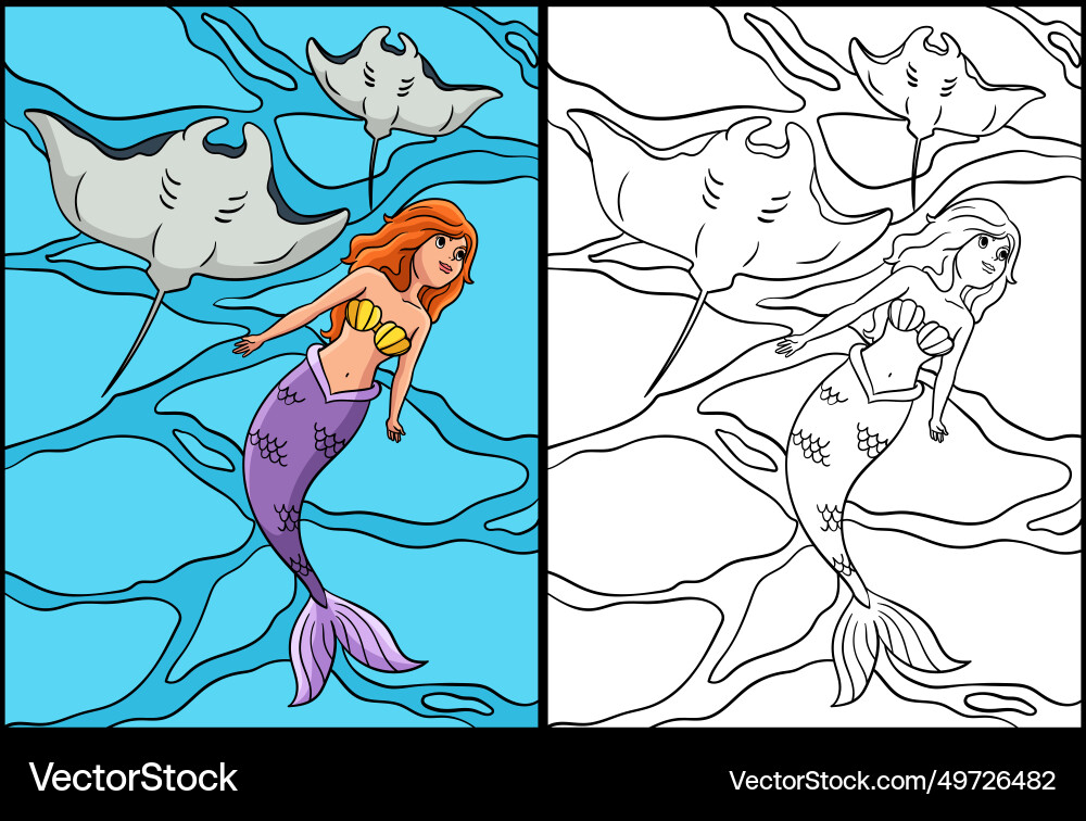 Mermaid with manta ray coloring page Royalty Free Vector