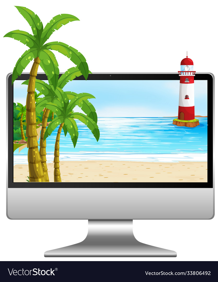 Computer on table with beach screen Royalty Free Vector