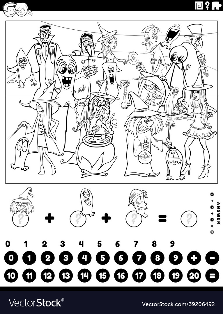 Count and add task with halloween characters Vector Image