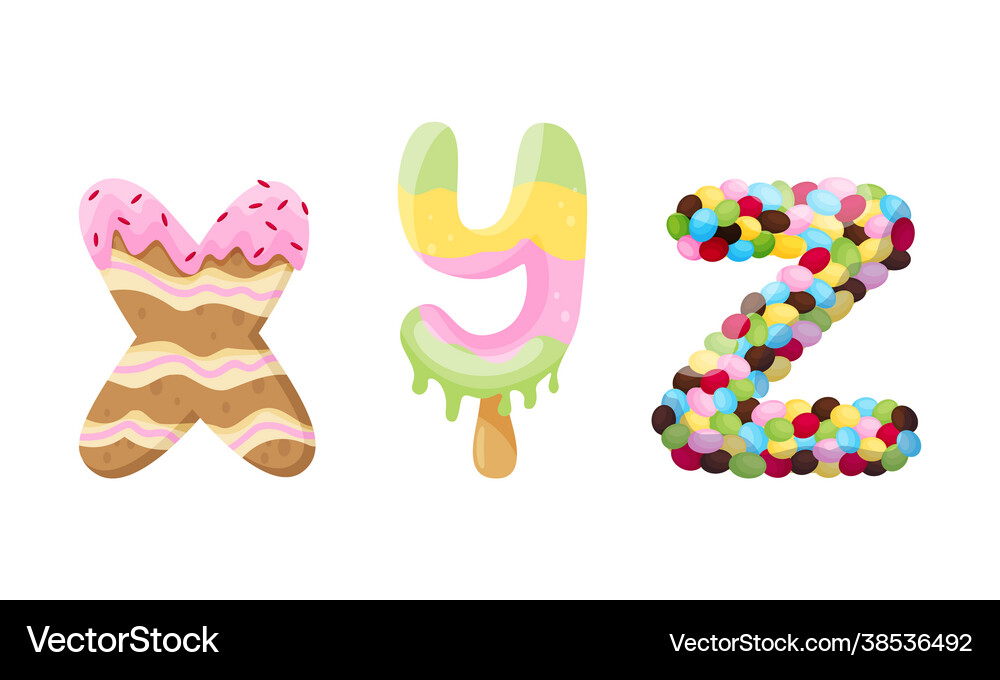 Delicious candy and sweet pastry alphabet Vector Image