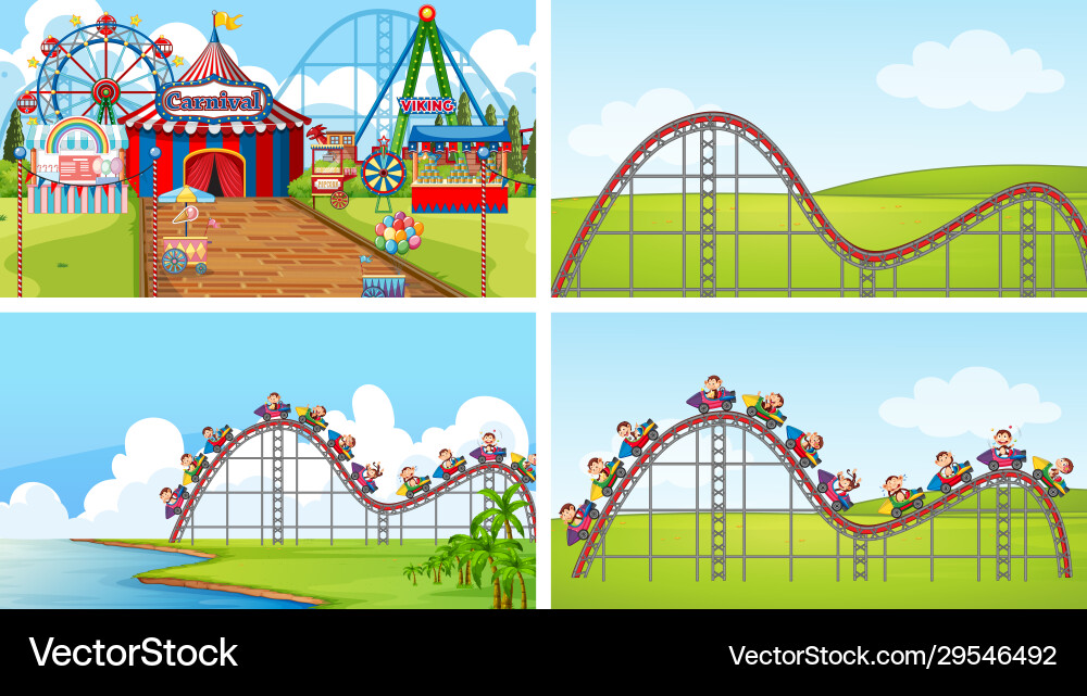 Four scenes with many rides in fun fair Royalty Free Vector