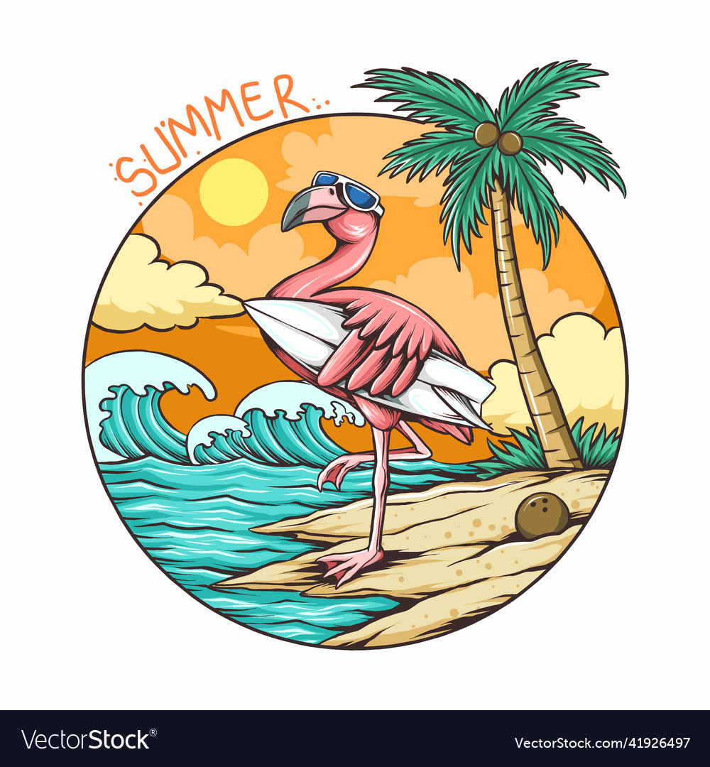 Flamingo summer with surfboard and glasses Vector Image