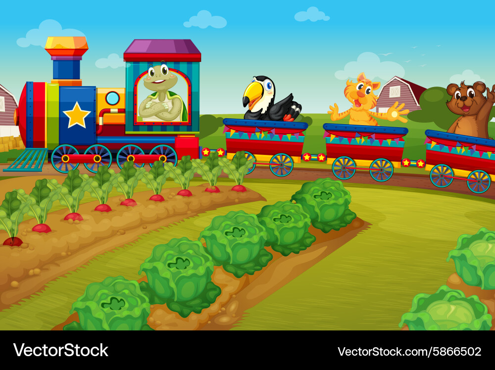 Animals riding on train by the farm Royalty Free Vector