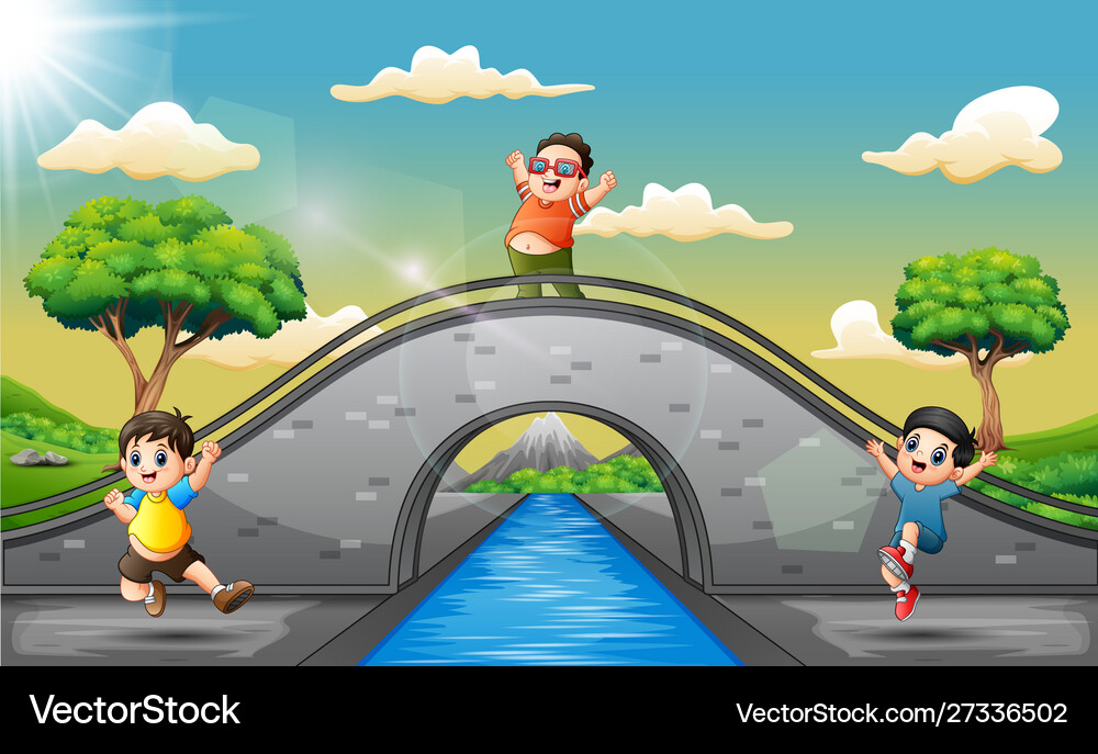 Happy boys dancing on bridge Royalty Free Vector Image