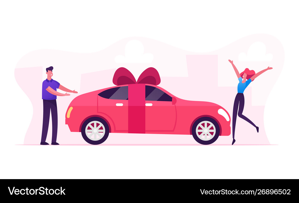 Man giving car with bow as present happy Vector Image