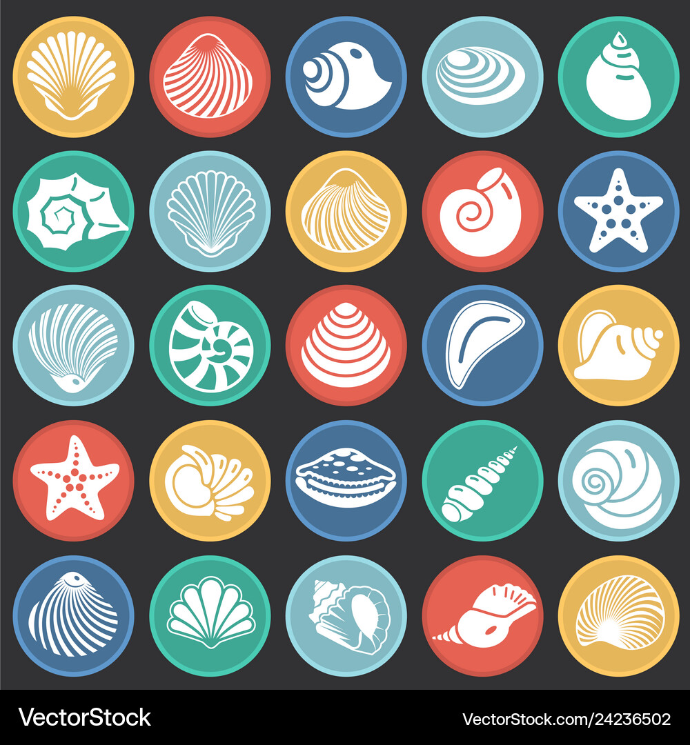 Sea shell icons set on color circles black Vector Image