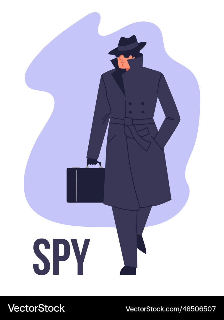 Mysterious spy with briefcase wearing hat coat Vector Image