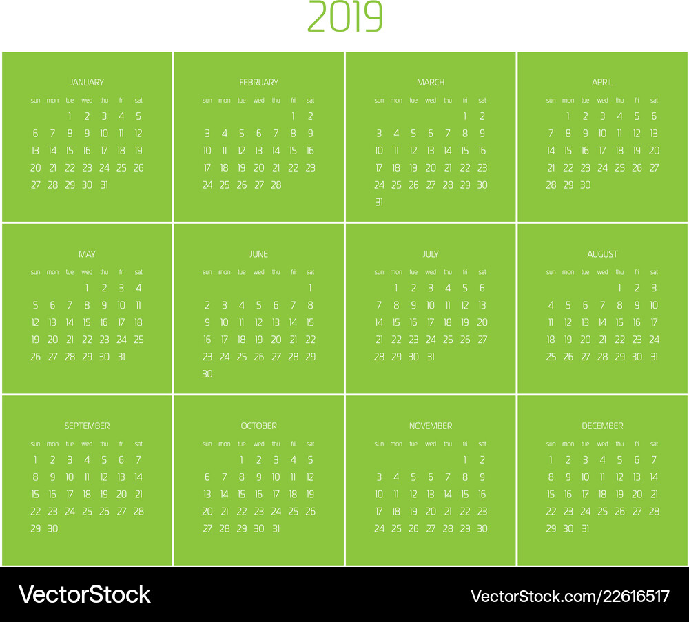 Calendar - year 2019 week starts from Royalty Free Vector