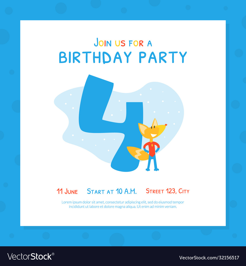 Happy 4th Birthday Invitation Card Template Vector Image