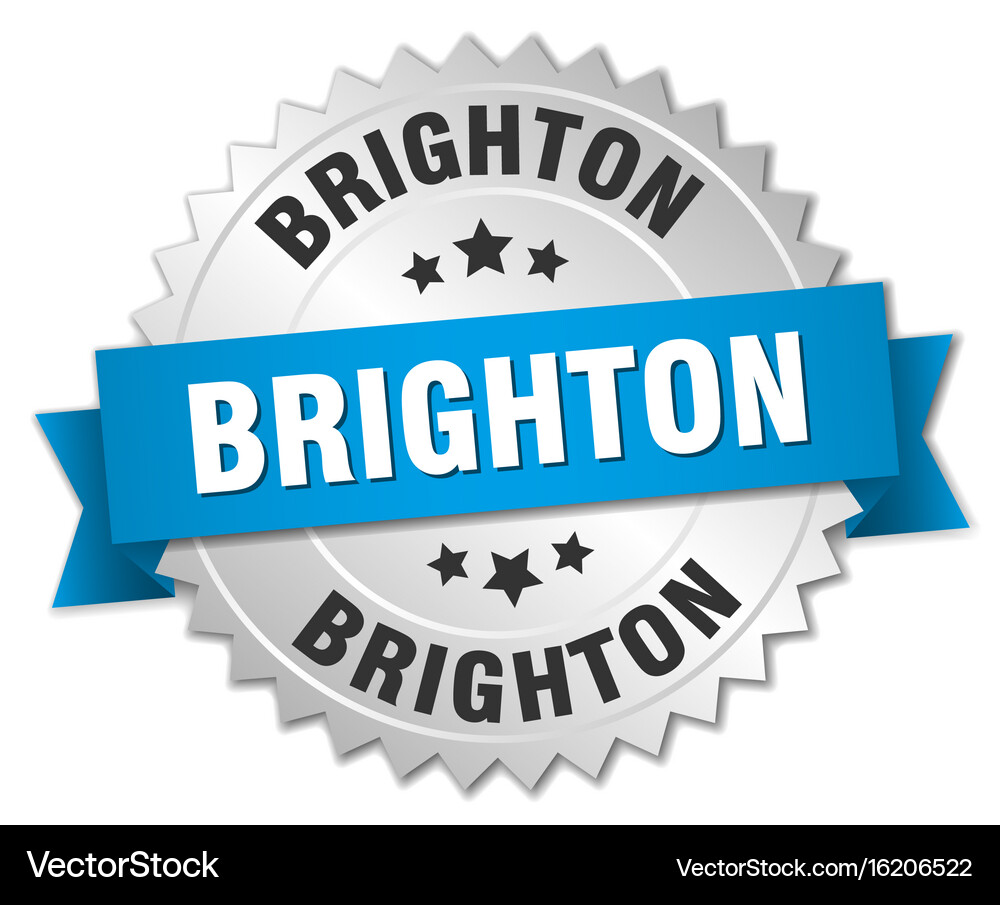 Brighton round silver badge with blue ribbon Vector Image