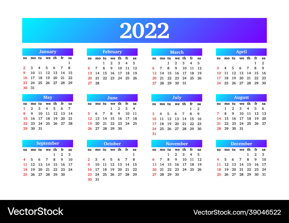 Calendar for 2022 isolated on a white background Vector Image