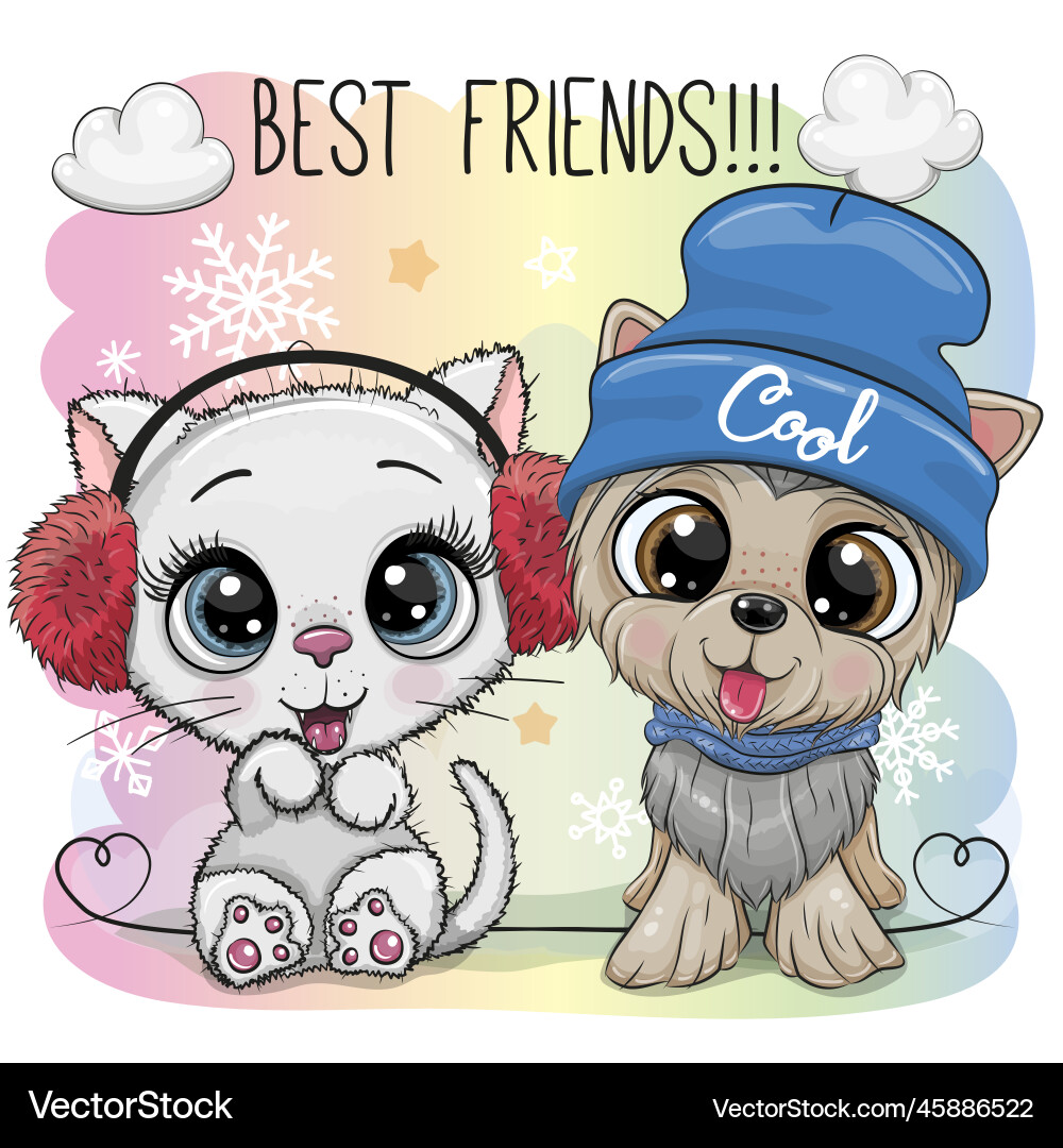 Kitty and puppy on a rainbow background Royalty Free Vector