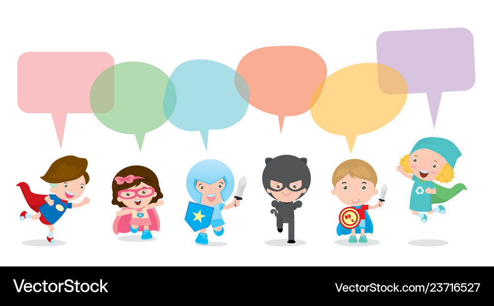 Cute superhero kids with speech bubbles Royalty Free Vector