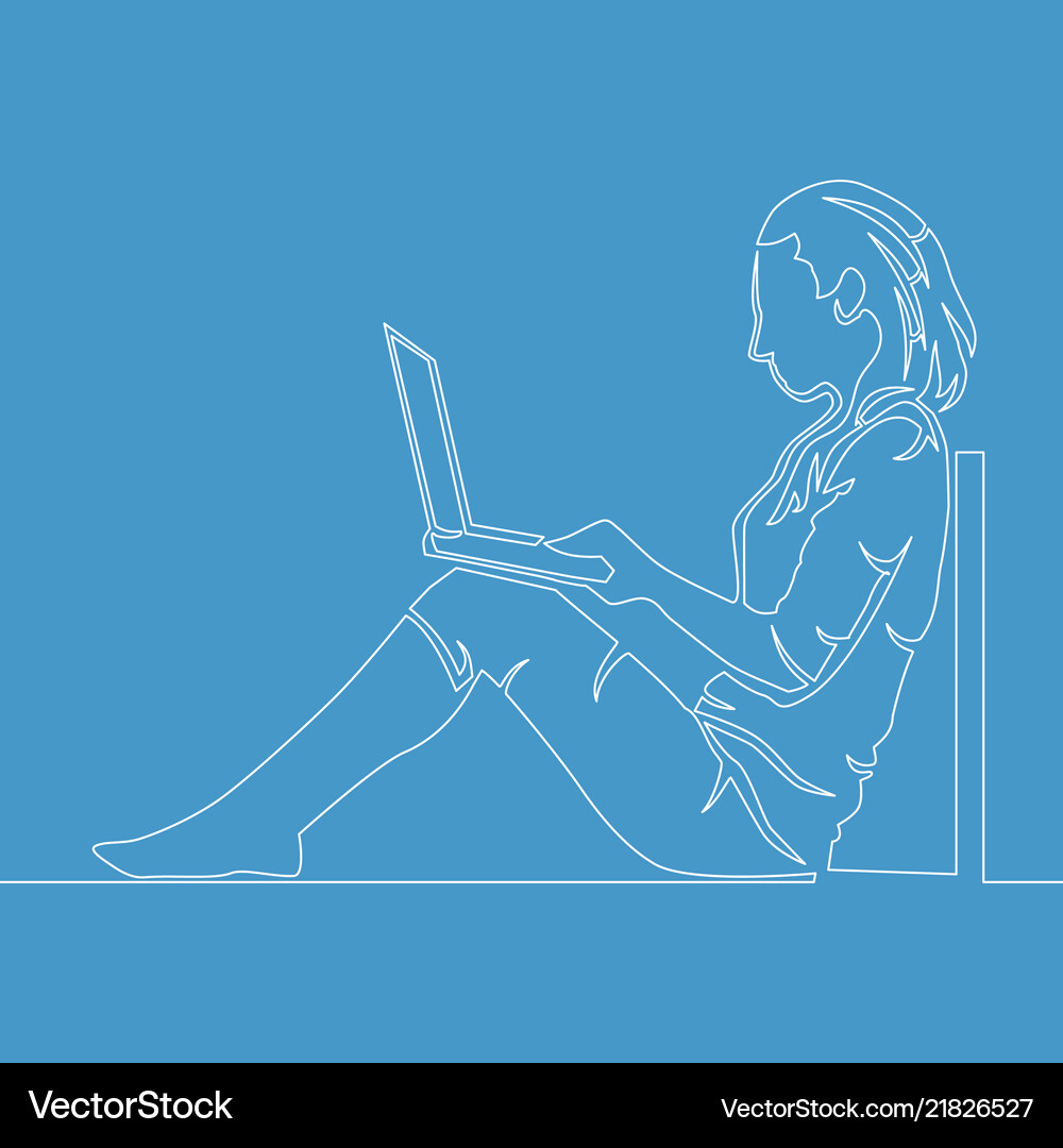 One line drawing woman with laptop computer Vector Image