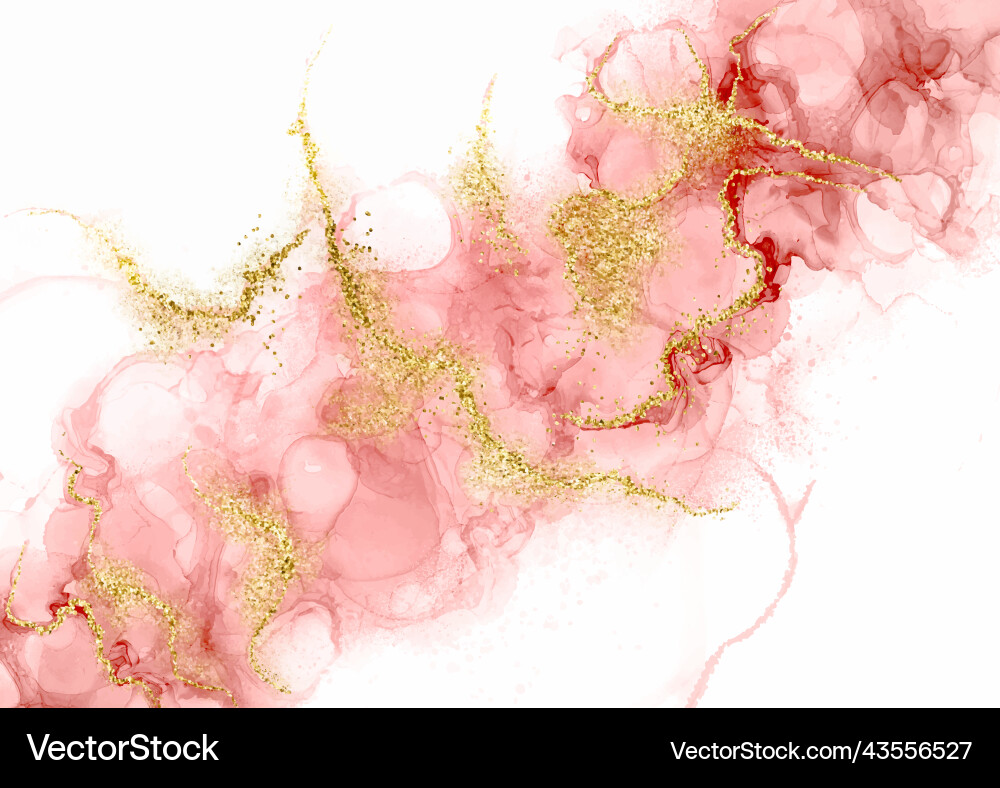 Pink alcohol ink background with gold glittery Vector Image