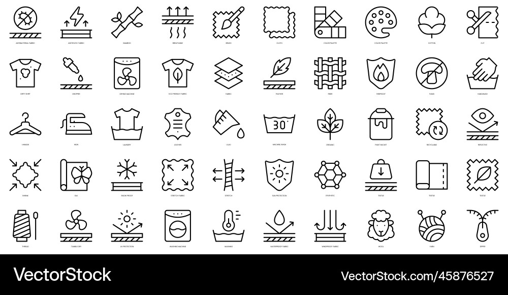 Set of thin line fabric features icons Royalty Free Vector