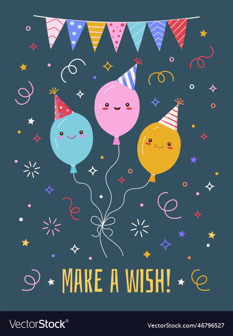 Three cute kawaii balloons greeting card Vector Image Three cute kawaii balloons greeting card Vector Image